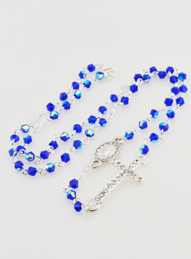 Collier Chapelet en Cristal Bleu + Croix Diamants Strass | La Boutique ...